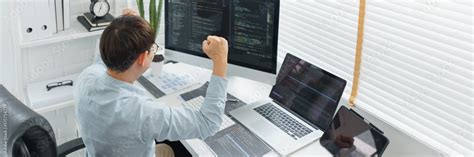 Software Development Concept Male Programmer Excited And Raise Arms