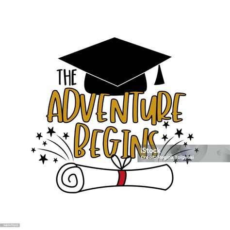 The Adventure Begins Typography With Graduate Cap And Certificate Or Diploma Stock Illustration