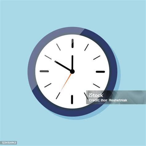 플랫 스타일에 벽에 대한 시계입니다 시계의 아이콘입니다 화이트 다이얼과 섀도우가 있는 블루 시계 라운드 알람의 시간입니다 검은 시간 화살표 오렌지 스톱워치 화살표입니다 똑딱