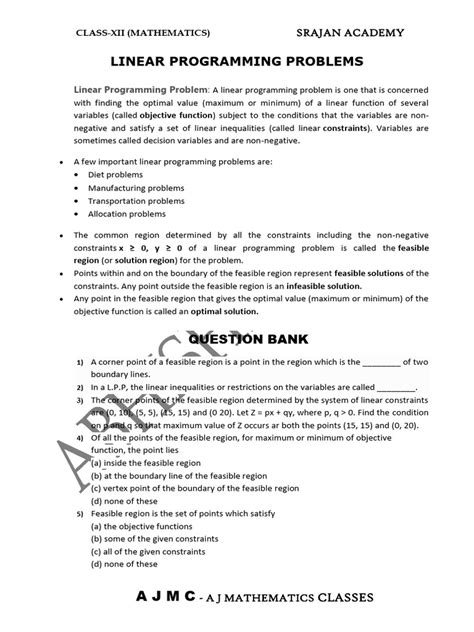 Qb Linear Programming Problems Pdf Mathematical Optimization Linear Programming