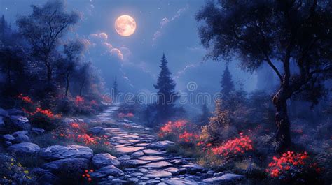 Moonlit Path Through A Mystical Forest With Vibrant Flowers And Stone