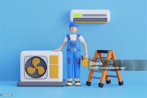 기술자 수리 에어컨 3d 그림 가정용 에어컨을 설치하거나 수리하는 기술자 3d 일러스트레이션 3차원 형태에 대한 스톡 사진 및