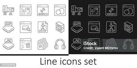 라인 헤드폰 컴퓨터 데이터로드 창 브라우저 파일 프로세서 모니터 화면 순서도 및 소프트웨어 아이콘을 설정합니다 벡터 Cpu에 대한 스톡 벡터 아트 및 기타 이미지 Istock