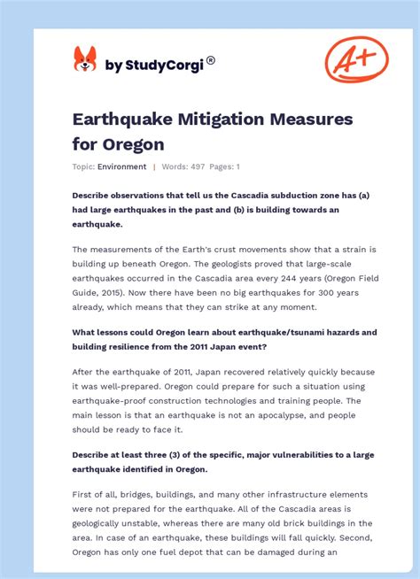 Earthquake Mitigation Measures For Oregon Free Essay Example