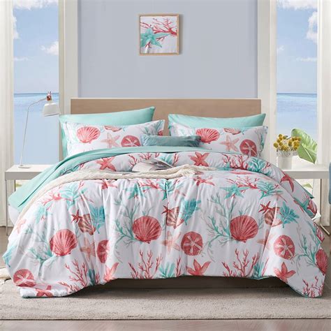 Flymme Coastal Bedding Comforter Set Queen Bed In A Bag Pink 7 Pieces