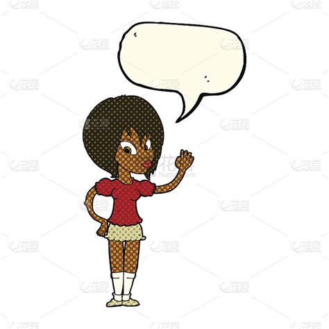 卡通美女挥舞着演讲泡泡