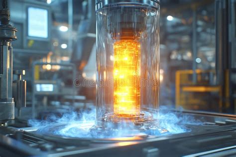 In A High Tech Manufacturing Environment Advanced Machinery With Glowing Parts And Vapor