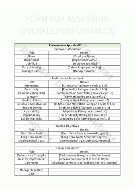 Improving Overall Performance A Comprehensive Assessment Form Excel