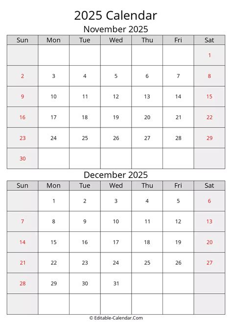 Editable November December 2025 Calendar In Excel Word Pdf