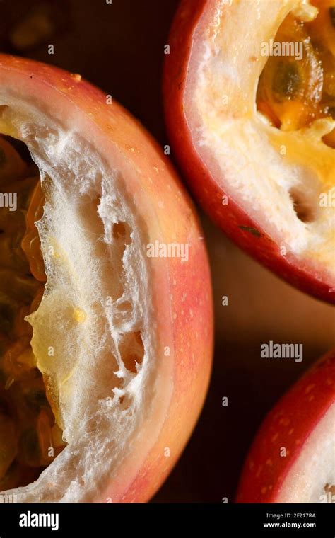 Half Cut Passion Fruit On Wooden Background Fresh Passion Fruits