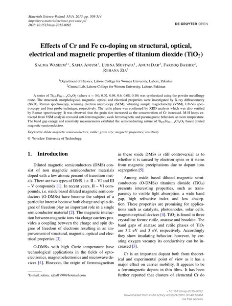 Pdf Effects Of Cr And Fe Co Doping On Structural Optical Electrical And Magnetic Properties