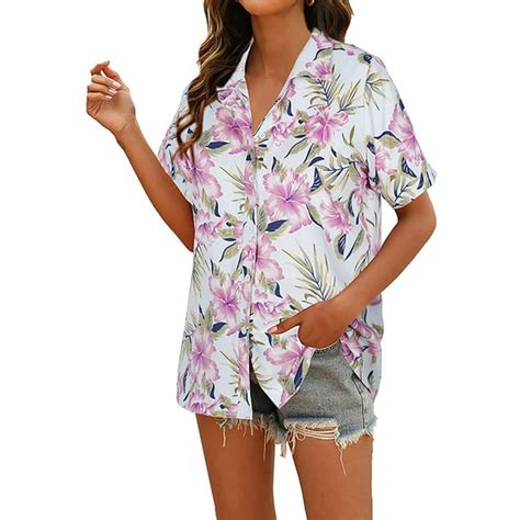 Capreze Women Hawaiian Button Down Blouse Floral Tropic Print Shirts