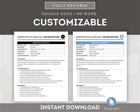 Administrative Assistant Job Description Template Probiztemplates