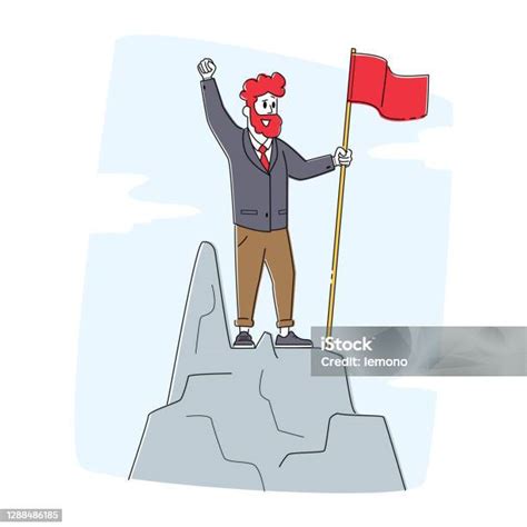 산 봉우리 꼭대기에 서있는 붉은 깃발 손을 흔들고 비즈니스 맨 캐릭터 록에 성공적인 사업가 개념에 대한 스톡 벡터 아트 및 기타 이미지 Istock