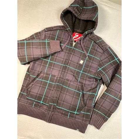 Vintage Es Skate Full Zip Hoodie Large Multi Gray Plaid Pouch Sherpa