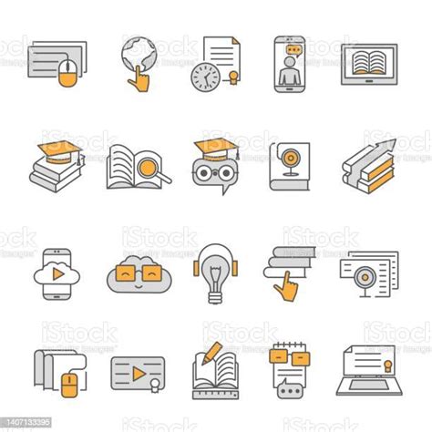 전자 학습 아이콘입니다 디지털 교육 학교 졸업 및 원거리 대학의 개요 기호가있는 온라인 웨비나 픽토그램을 공부하는 웹 대학 교육 벡터 선 기호 세트 Brand Name