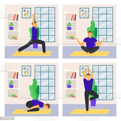 수제 요가 신체 활동 남성 캐릭터 운동 포스터 카드 세트 아시아 연습 플랫 벡터 일러스트레이션 흰색에 고립 가정의 방에 대한 스톡 벡터 아트 및 기타 이미지 Istock