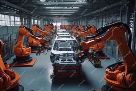 Premium Photo Robotic Conveyor Line For Car Assembly Modern Workshop With Automated Equipment