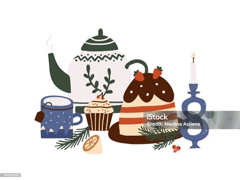 크리스마스 휴일 음식 디저트 케이크 컵케익 차 한잔과 뜨거운 주전자 촛불 겨울 뜨거운 음료 달콤한 음식 흰색 배경에 격리된 평면 스타일의 벡터 그림 0명에 대한 스톡 벡터