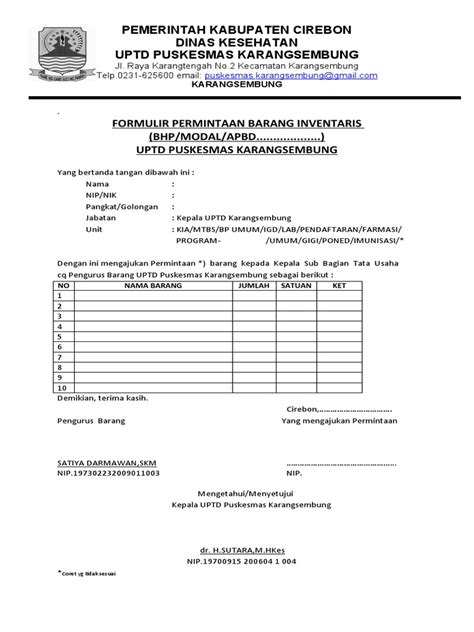 Formulir Permintaan Barang Inventaris Bhp Atau Modal Pdf