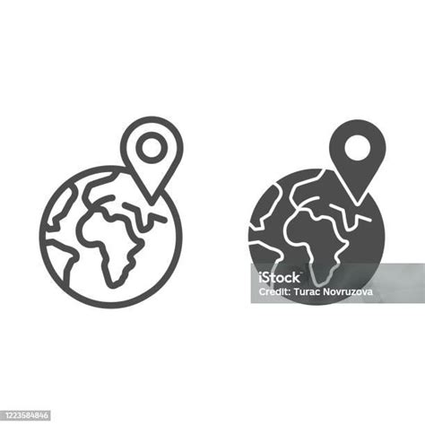 포인터 라인과 단단한 아이콘 배달 및 물류 기호 흰색 배경에 행성 지구 벡터 기호에 배달 위치 전 세계 배달 아이콘 개요와 행성 지구 벡터 그래픽 10에 대한 스톡 벡터