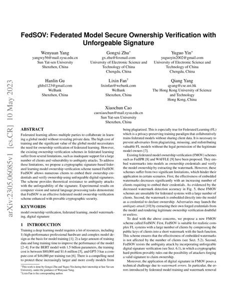 Fedsov Federated Model Secure Ownership Verification With Unforgeable Signature Deepai