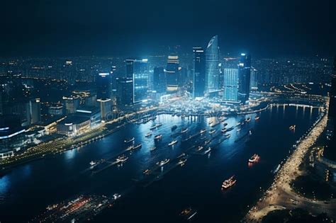 aerial drone captures mesmerizing cityscape at night with dynamic