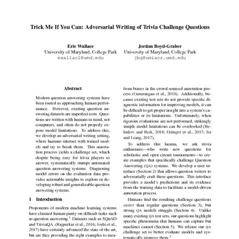 Trick Me If You Can Adversarial Writing Of Trivia Challenge Questions Acl Anthology