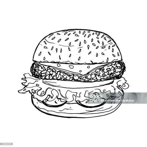 패스트 푸드 벡터 낙서 이미지 커틀릿과 치즈를 곁들인 버거 건강에 해로운 간식 건강한 생활 방식이 아닙니다 손으로 그린 맛있는 요리 건강에 좋지 않은 음식에 대한 스톡 벡터