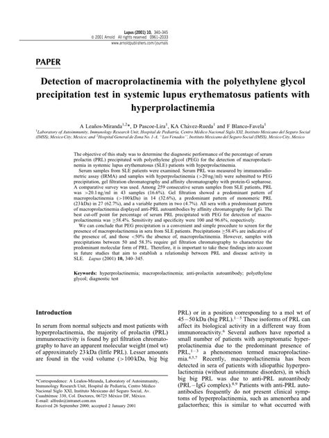Pdf Detection Of Macroprolactinemia With Polyethylene Glycol Precipitation Test In Systemic