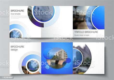 사각형 형식의 최소 벡터 편집 레이아웃은 삼중 브로셔 전단지 잡지에 대한 디자인 템플릿을 다룹니다 원과 둥근 모양과 창조적 인 현대 파란색 배경 3단 브로슈어에 대한 스톡