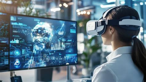 A Woman Experiences Virtual Reality Technology Interacting With An