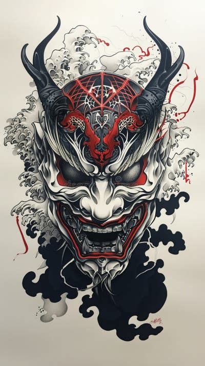 Black Red And White Hannya Spider Mask In Japanese Tattoo Style