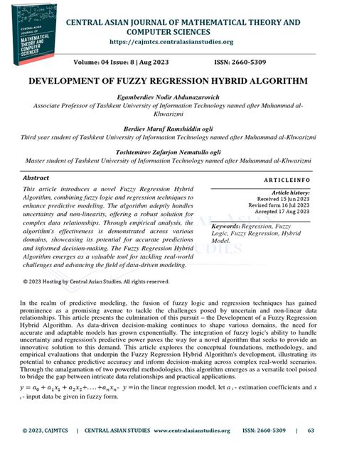 Development Of Fuzzy Regression Hybrid Algorithm Pdf Fuzzy Logic Artificial Intelligence