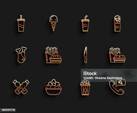 세트 라인 교차 물병 그릇에 팝콘 빨대와 종이 유리 골판지 상자 음식 주문 피자 버거 감자 튀김 판지 패키지 및 나이프 아이콘 벡터 감자 요리에 대한 스톡 벡터 아트 및