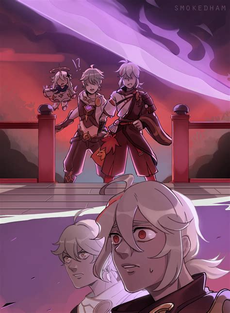 Aether Paimon And Kaedehara Kazuha Genshin Impact Drawn By Smokedham Danbooru