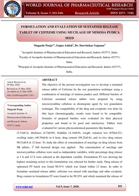 Pdf Formulation And Evaluation Of Sustained Release Tablet Of Cefixime Using Mucilage Of