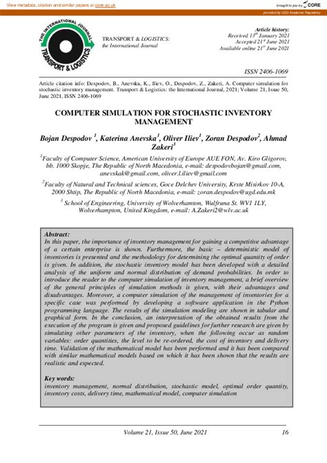 Pdf Computer Simulation For Stochastic Inventory Management