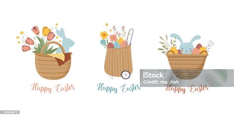해피 부활절 달걀 꽃 토끼와 빈티지 스타일의 부활절 등나무 바구니 레트로 보호 부활절 클립아트 등나무 세공에 대한 스톡 벡터 아트 및 기타 이미지 Istock