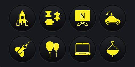 다트 화살표 무선 조종 자동차 장난감 풍선 노트북 스마트 Tv 퍼즐 조각 소용돌이 및 로켓 우주선 아이콘을 설정하십시오 벡터