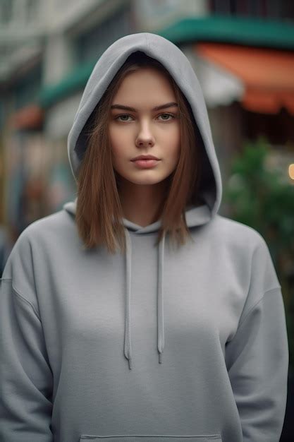 Premium Ai Image A Woman Wearing A Grey Hoodie