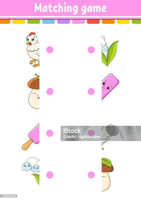 매칭 게임 선을 그립니다 교육 개발 워크시트 컬러 사진이 있는 활동 페이지 아이들을위한 수수께끼 귀여운 캐릭터 만화 스타일 벡터
