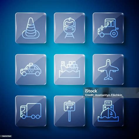 상자 택시 교통 콘 및 비행기 아이콘 라인 배달화물 트럭 도로 교통 표지판 화물선 트랙터 설정합니다 벡터 거리에 대한 스톡 벡터 아트 및 기타 이미지 Istock
