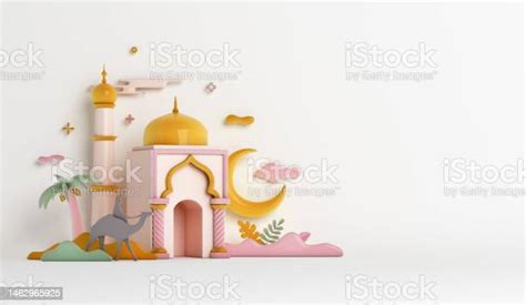 만화 모스크 낙타 초승달 라마단 카림 마울리드 이프타르 이스라 미라지 이드 알 피트르 아다 무하람 복사 공간 3d 그림이 있는 이슬람 장식 배경 3차원 형태에 대한 스톡