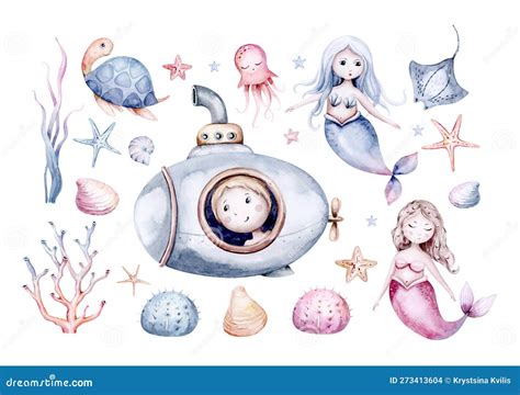 Set Of Sea Animals Blue Watercolor Ocean Fish Turtle Whale And Coral