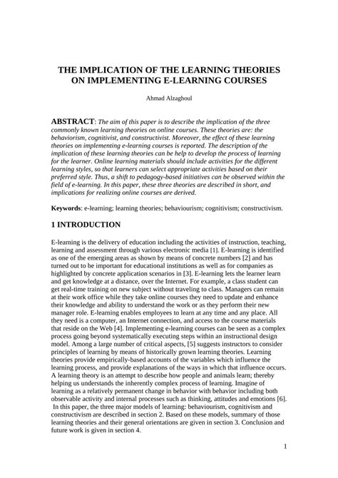 Pdf The Implication Of The Learning Theories On Implementing E Learning Courses