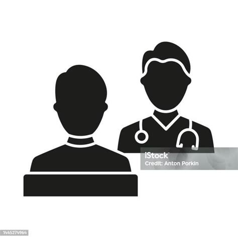 청진기 실루엣 아이콘으로 환자와 의사의 상담 병원 의사 상담 환자 글리프 블랙 픽토그램 건강 관리 대화 상자 개요 아이콘입니다