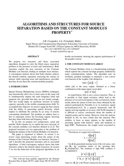 Pdf Algorithms And Structures For Source Separation Based On The Constant Modulus Property