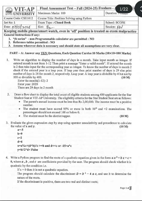 Final Assessment Test Cse1012 Problem Solving Using Python Set 1 And 2