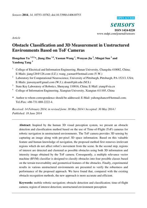 Pdf Obstacle Classification And 3d Measurement In Unstructured Environments Based On Tof Cameras
